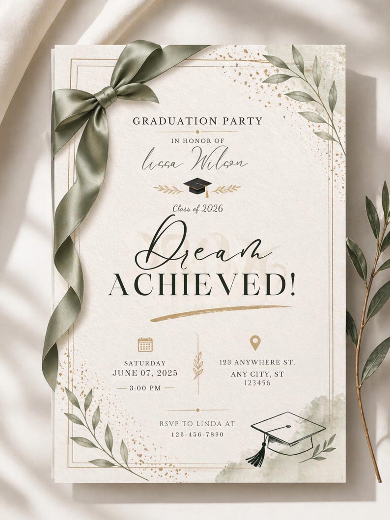 Graduation 2026 Invitation Canva Template | Botanical Green 5x7 Invite ...