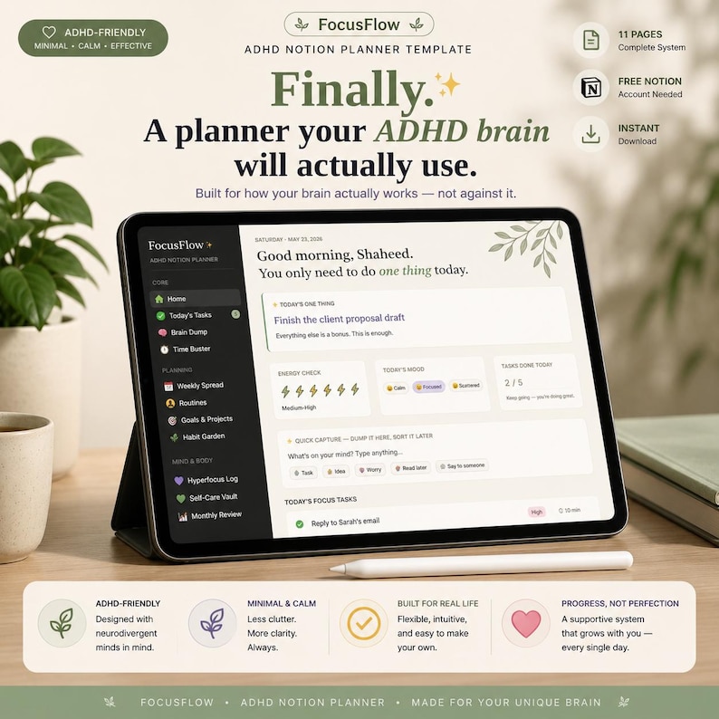 Notion ADHD Planner Template | Notion ADHD Second Brain Productivity ...