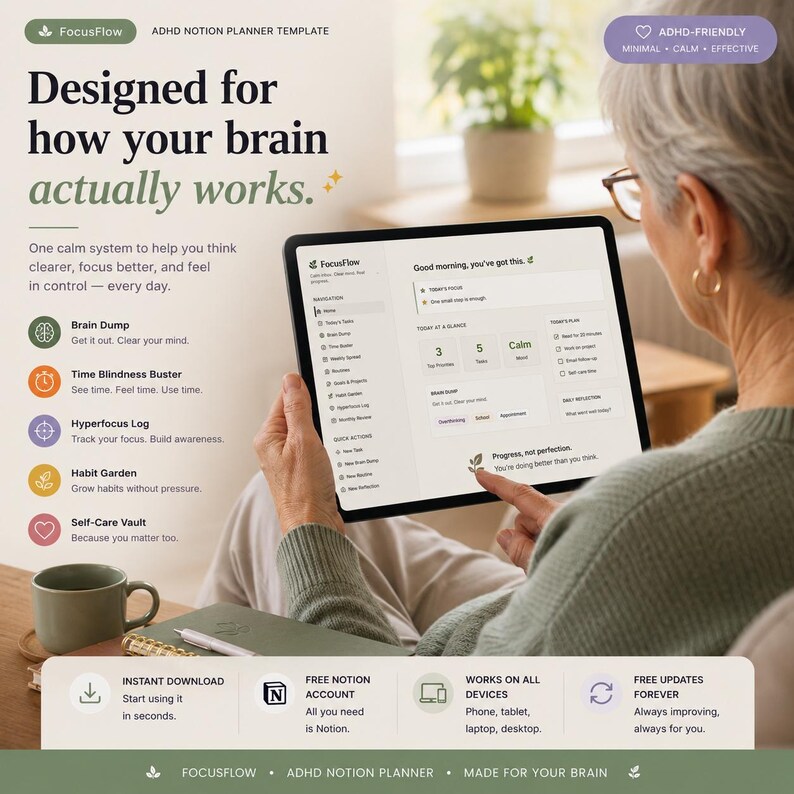 Notion ADHD Planner Template | Notion ADHD Second Brain Productivity ...