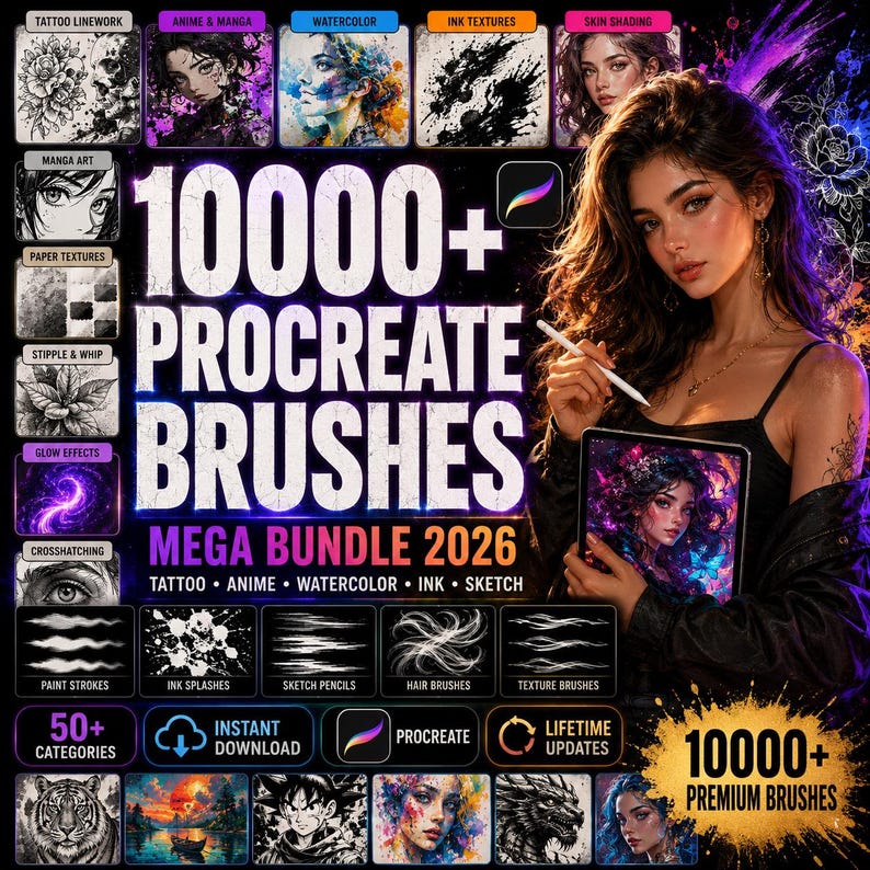 10000+ Procreate Brushes Mega Bundle 2026 | Tattoo, Anime, Manga ...