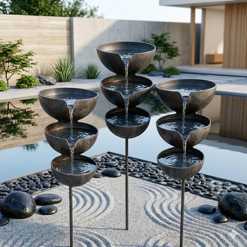Rustic Metal Cascading Bowl Water Feature, Garden Stake Bird Bath for ...