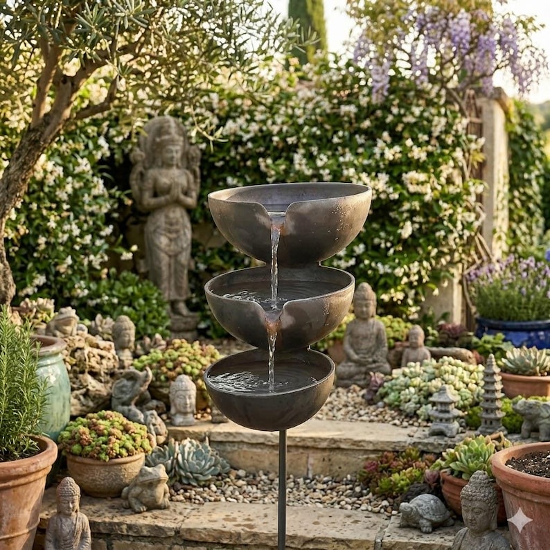 Rustic Metal Cascading Bowl Water Feature, Garden Stake Bird Bath for ...