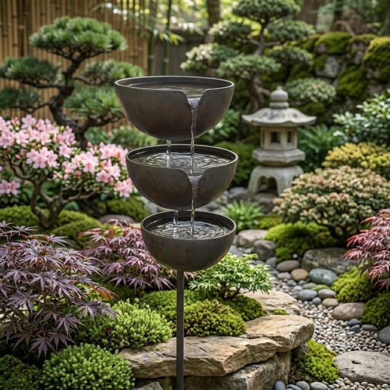 Rustic Metal Cascading Bowl Water Feature, Garden Stake Bird Bath for ...