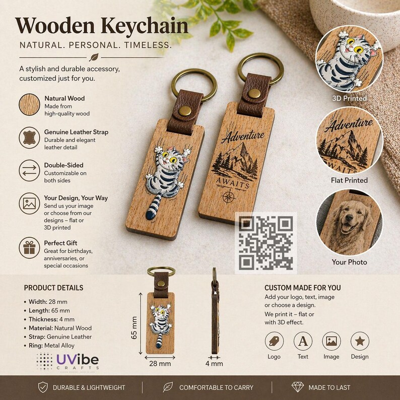 Custom Double-sided Wooden Keychain With Leather Strap, 28x65mm ...