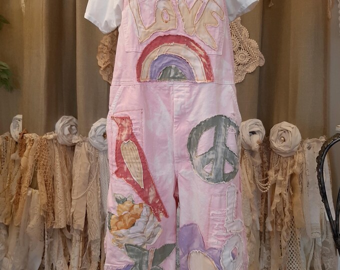 Upcycled Pink Bib Overalls 36'' Waist Cropped Relaxed Dyed Bleached ...