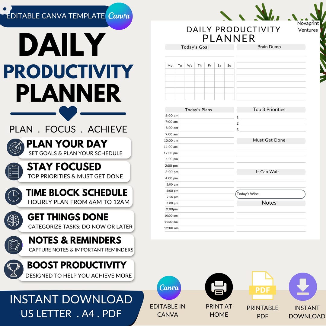 Daily Productivity Planner Bundle | Editable Canva Template (digital ...
