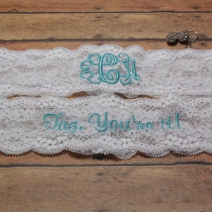 Monogrammed Garter, Monogram, Aqua Garter, Blue Garter, Personalized ...