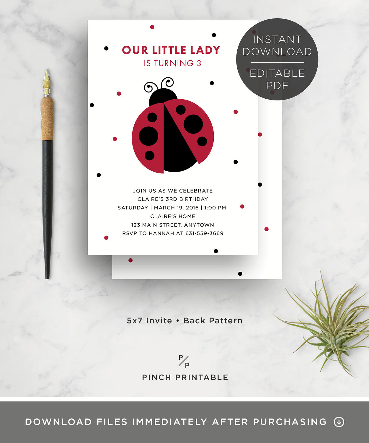 Text Editable, Lady Bug Invite, Birthday Party Invitation, Baby Shower ...