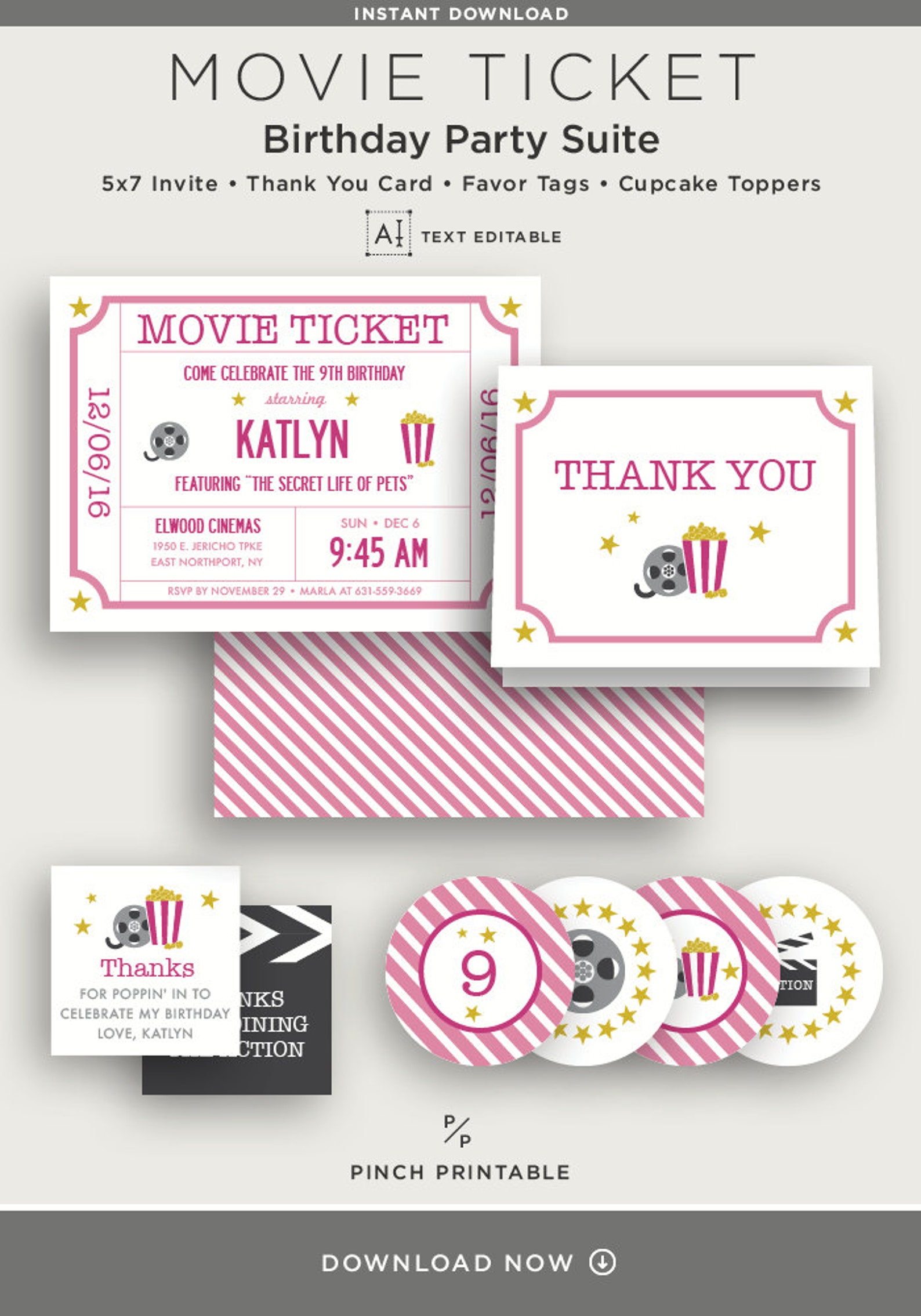 Text Editable - Instant Download - Printable - Movie Ticket - Kids ...