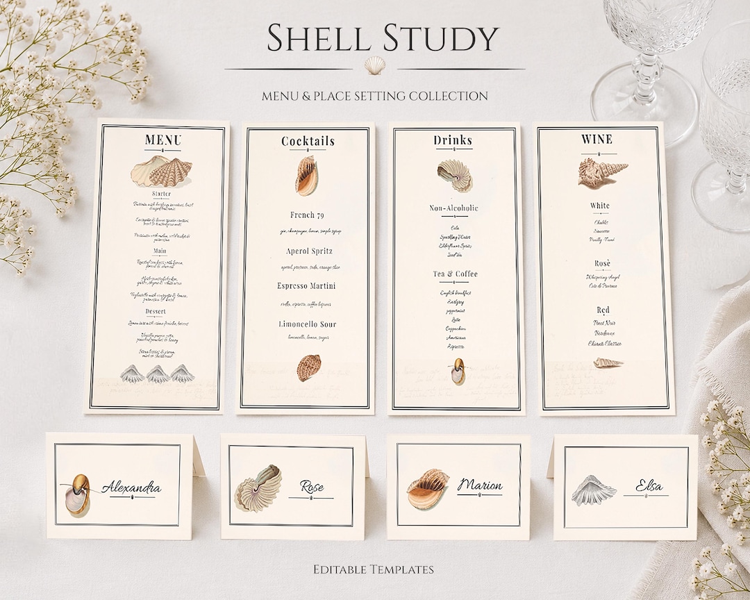 Vintage Shell Menu and Place Card Set, Editable Canva Template (digital ...