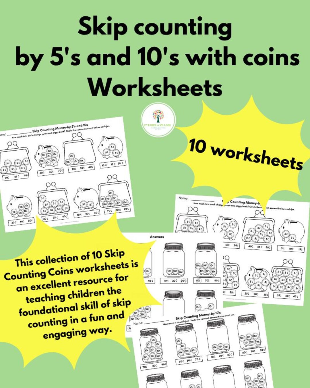 Skip Counting Coins by 5s and 10s Worksheets - Etsy