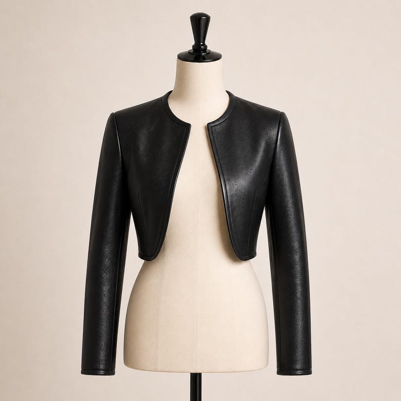 Black Leather Cropped Bolero Jacket – Minimalist Collarless Shrug, Slim ...