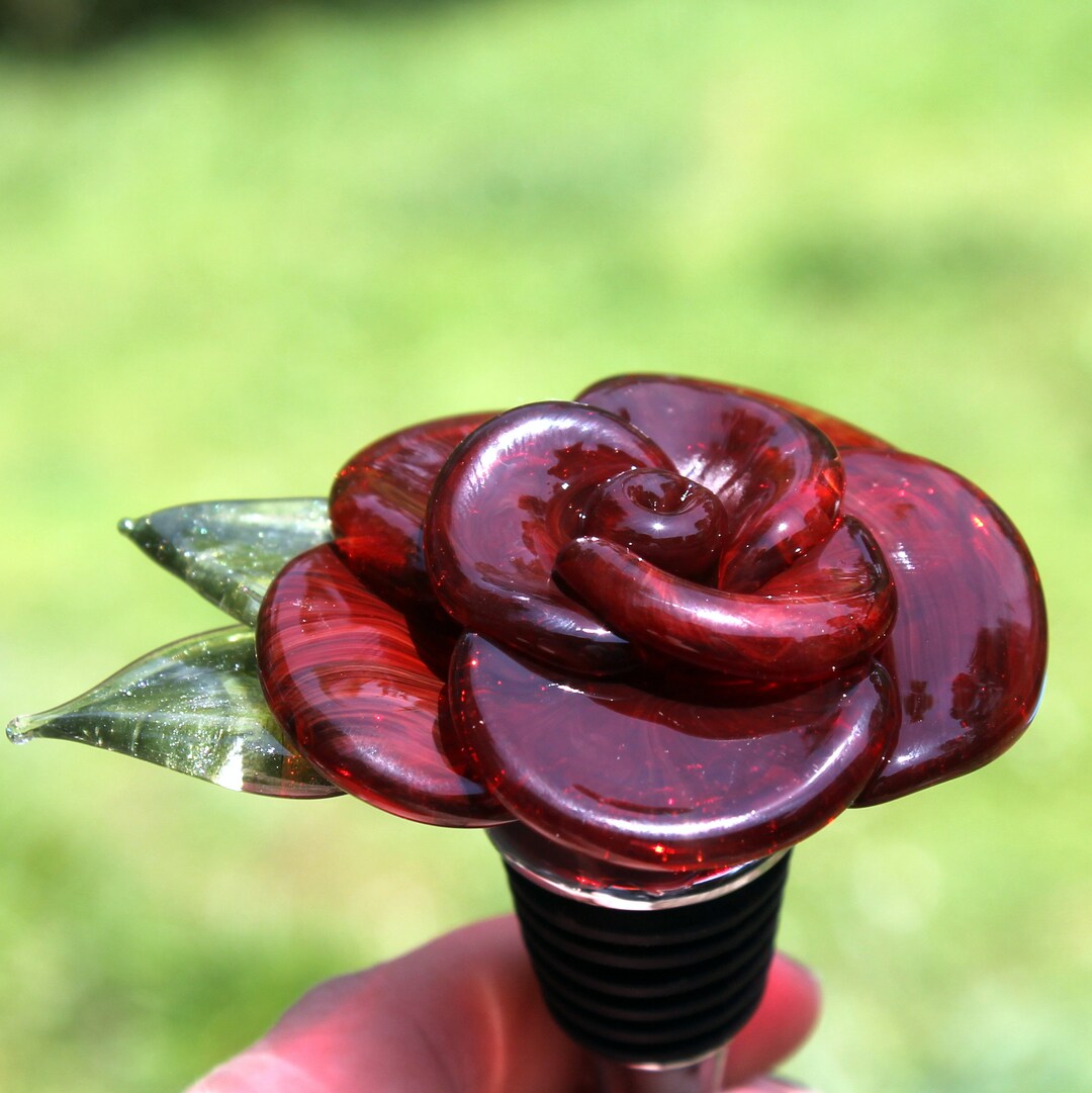 Wine Bottle Stopper Glass Rose Red, Hand Blown Rose, Lampwork SRA Rose ...