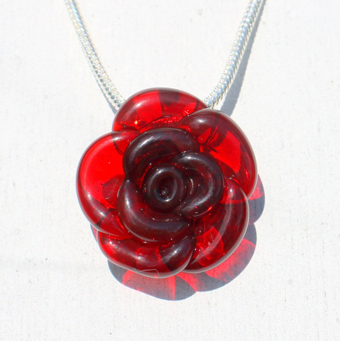 Red Rose Necklace Glass, Hand Blown Lampwork Flower Pendant, Classic ...