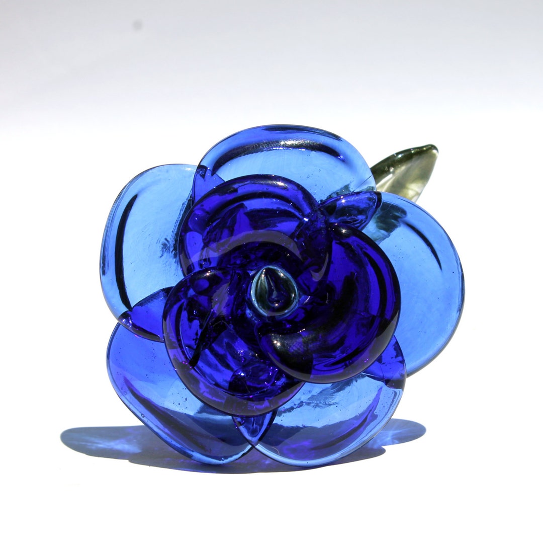 Blue Rose Glass Long Stemmed Rose, Borosilicate Lampwork Flower Hand ...
