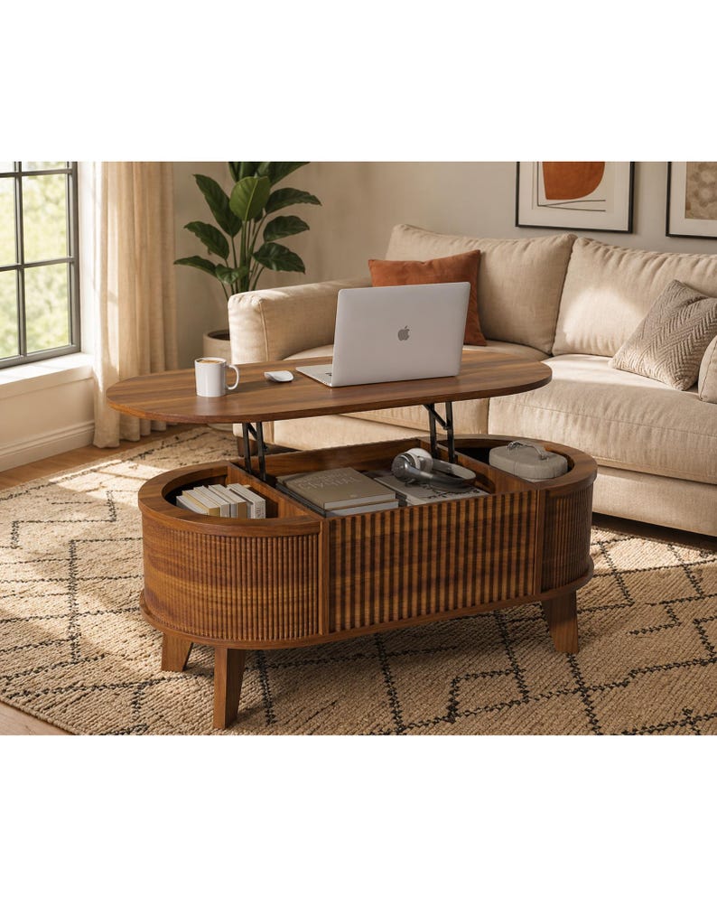 Lift Top Coffee Table, Fluted Walnut Storage Table, Oval Mid-century ...