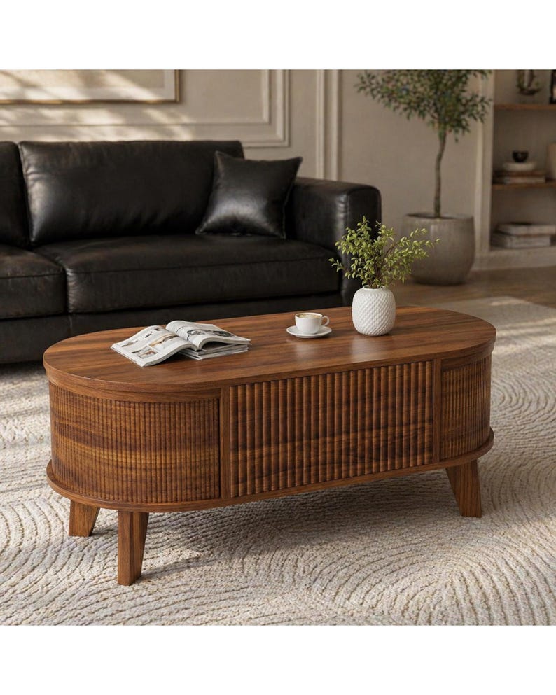 Lift Top Coffee Table, Fluted Walnut Storage Table, Oval Mid-century ...
