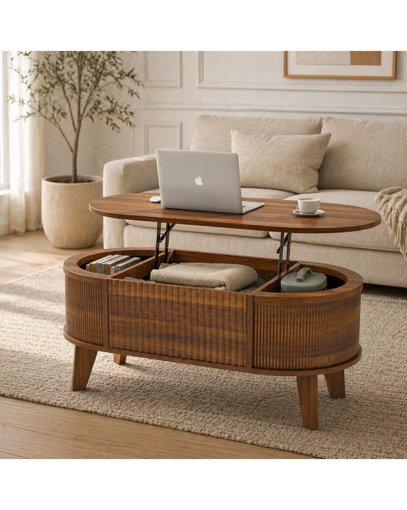 Lift Top Coffee Table, Fluted Walnut Storage Table, Oval Mid-century ...