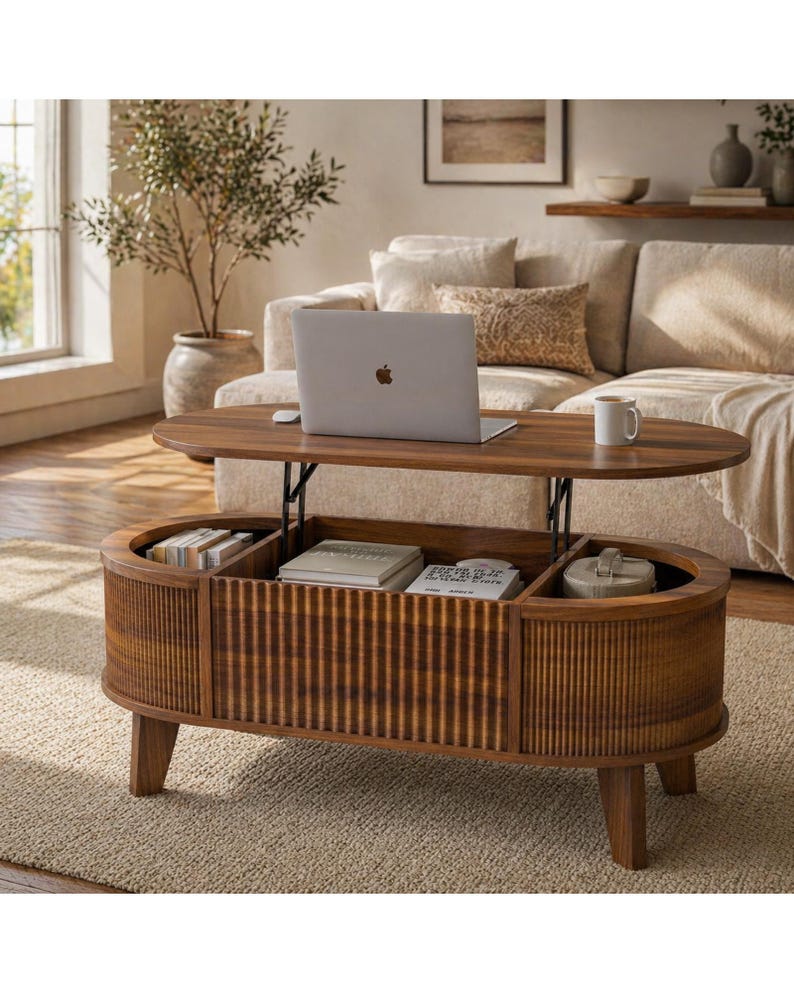 Lift Top Coffee Table, Fluted Walnut Storage Table, Oval Mid-century ...