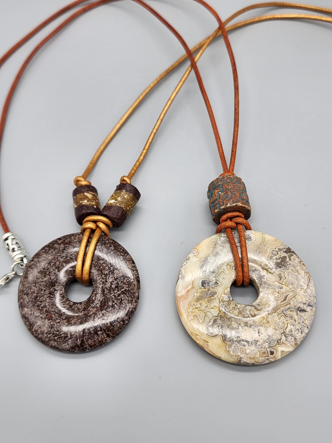 Stone and Leather Necklace. Large Gemstone Donut Pendant Necklace. Long ...