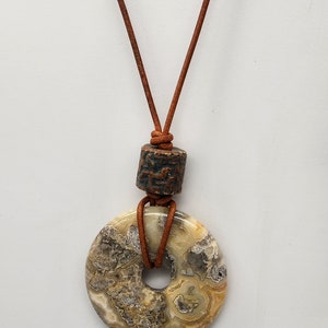 Stone and Leather Necklace. Large Gemstone Donut Pendant Necklace. Long ...