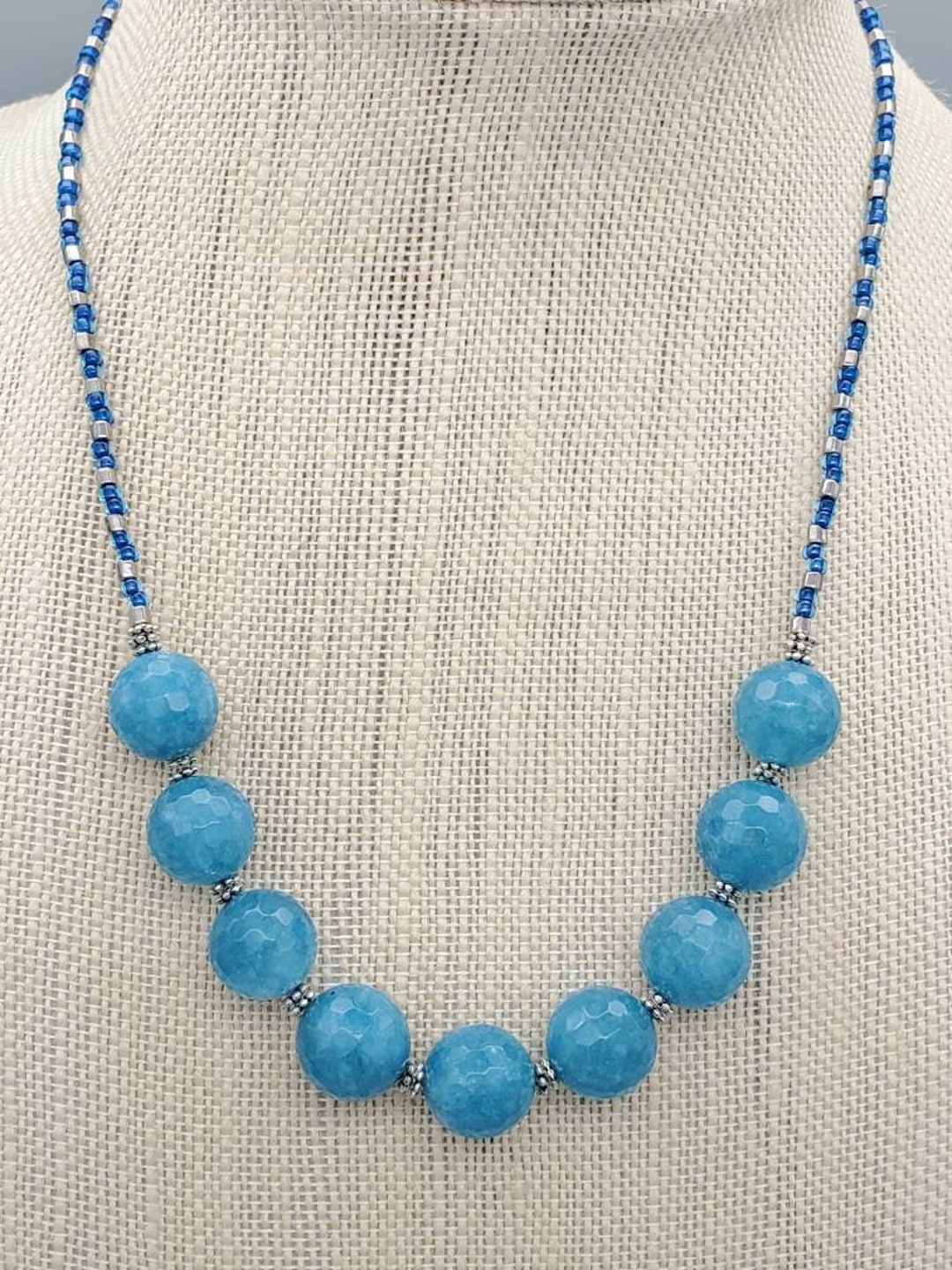 Blue Agate Necklace. Aqua Blue and Silver Short Necklace. Gemstone ...