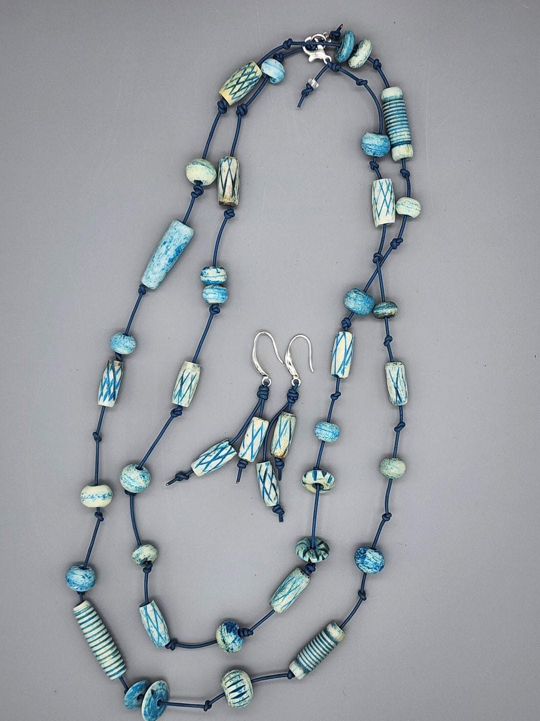 Long Knotted Necklace and Earrings Set. Beachy Blue Necklace. Leather ...