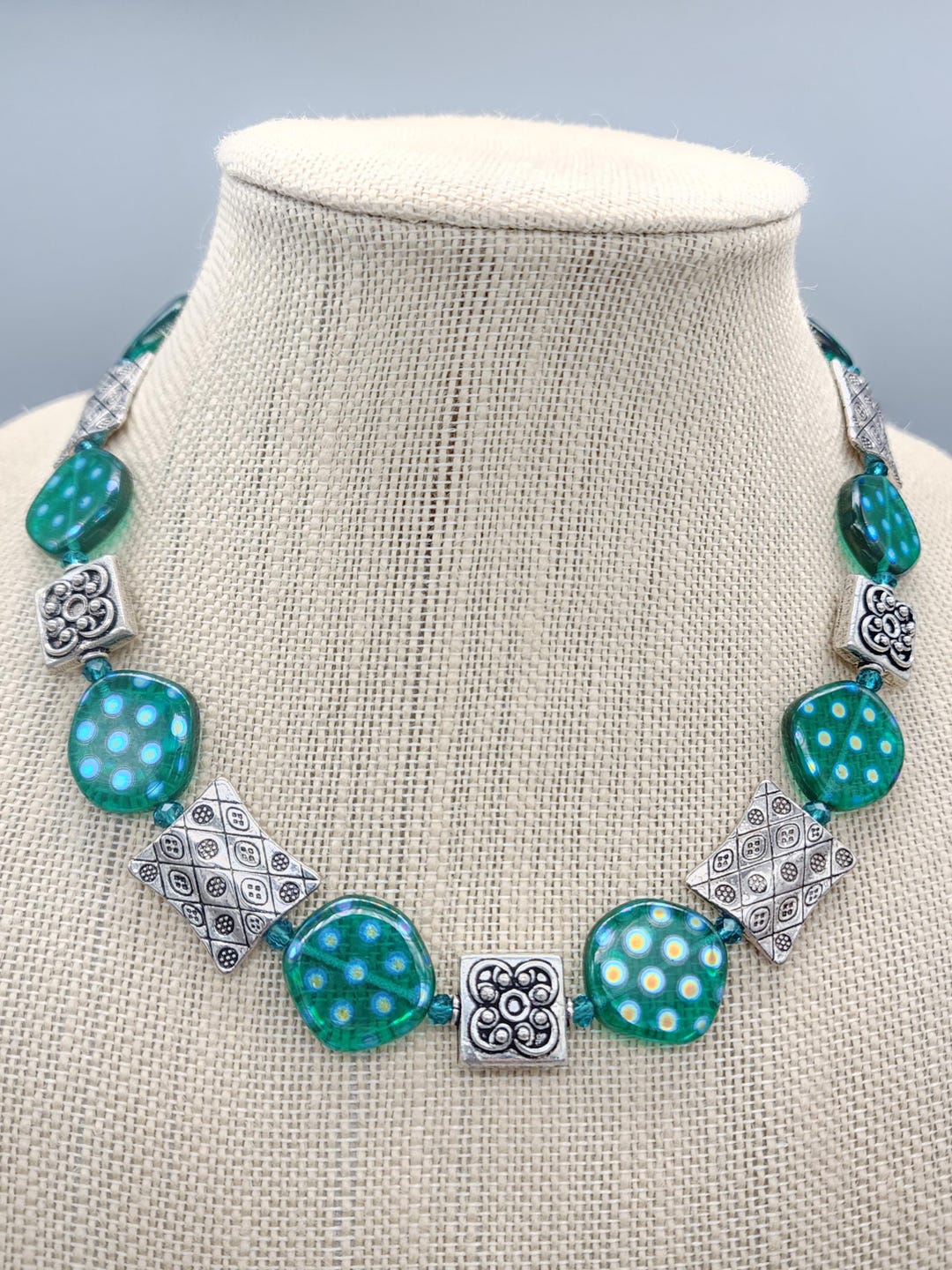 Teal and Silver Colors Necklace, Bracelet and Earrings Set. Statement ...