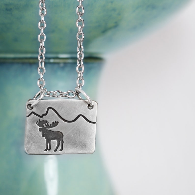 Moose Necklace Mountain Necklace Handstamped Jewelry - Etsy