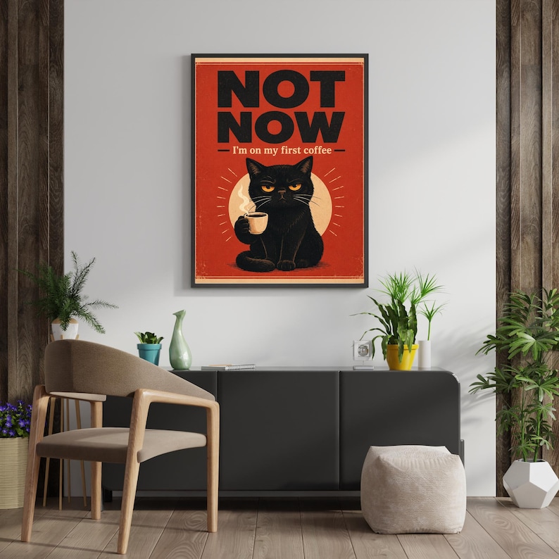 Moody Black Cat Coffee Print, Cozy Wall Art, Kitchen Cat Lover Gift - Etsy