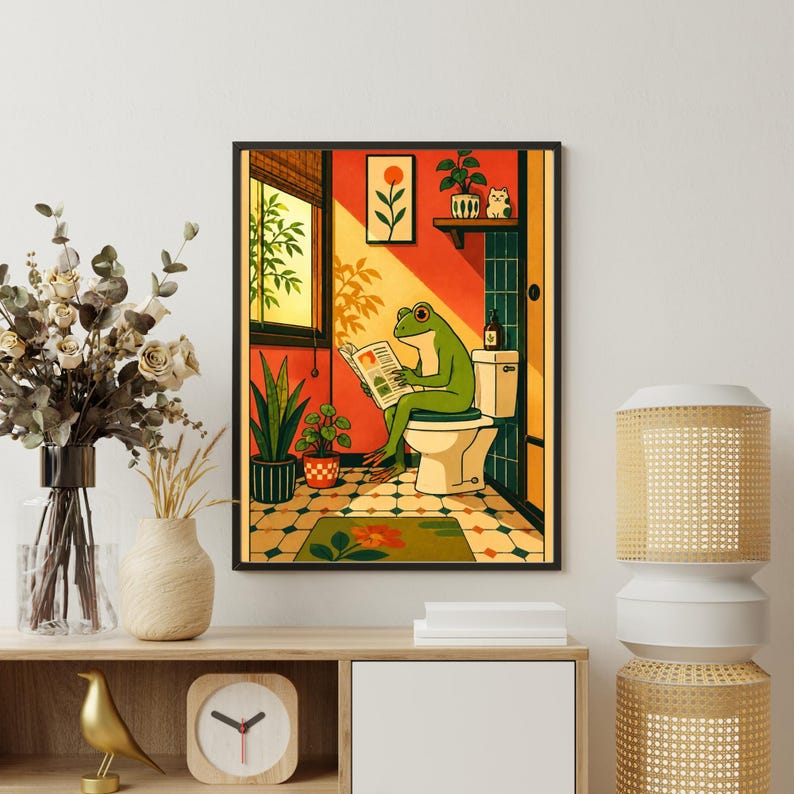 Funny Frog Bathroom Art, Frog Reading Newspaper Toilet Print, Quirky ...