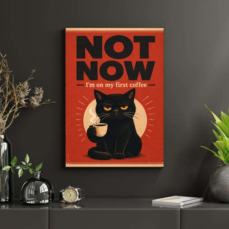 Moody Black Cat Coffee Print, Cozy Wall Art, Kitchen Cat Lover Gift - Etsy