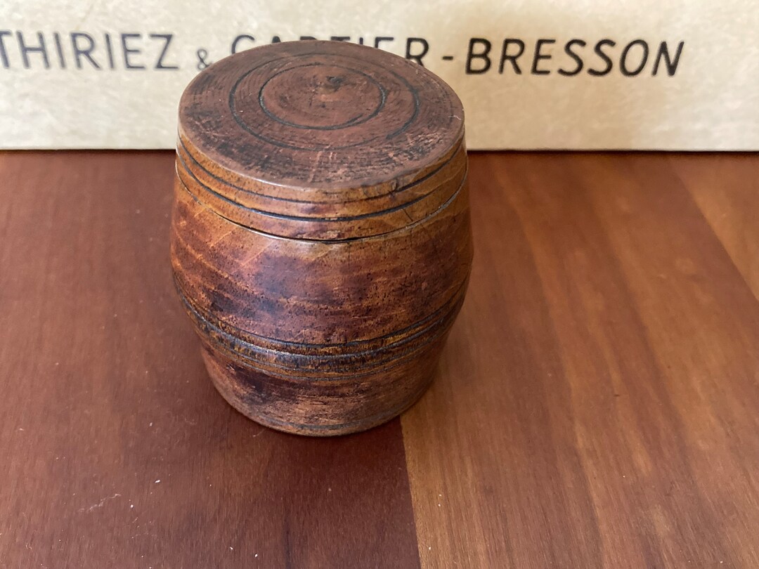 Antique English Treen Barrel Shaped Pot, Turned Wooden Lidded Barrel ...