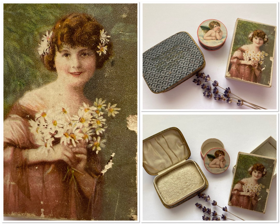 Antique Cardboard Jewelry Boxes with Lithographs, Girl with Daisy ...