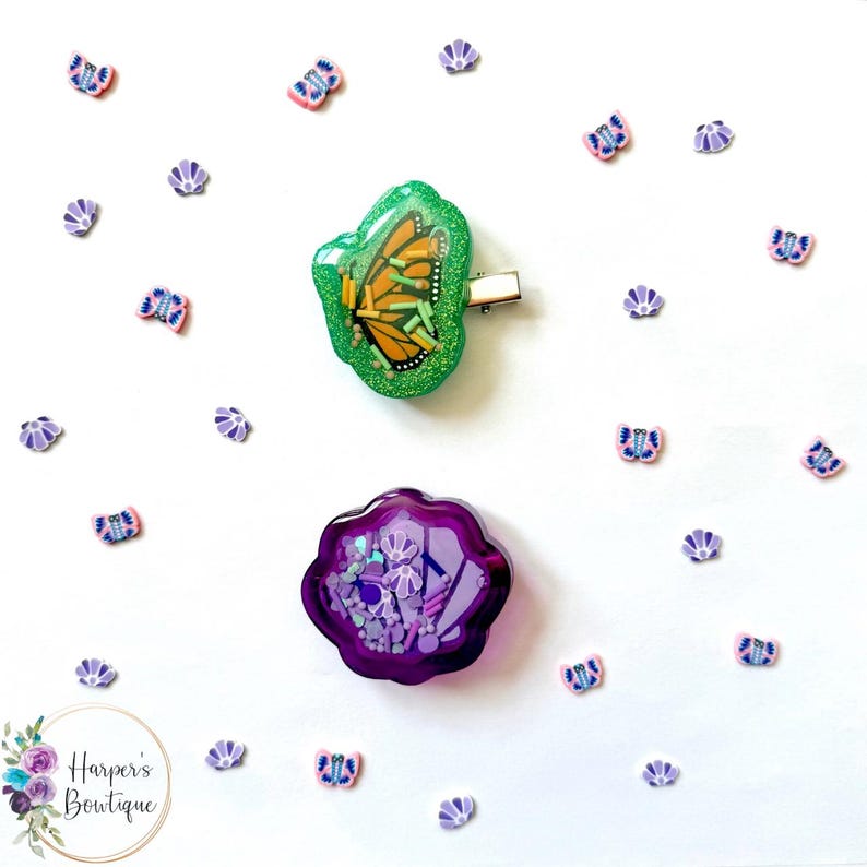 Butterfly and Seashell Shaker Hair Clips- Resin Glitter Alligator Clip ...