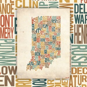 Indiana by County - Typography Print - Etsy