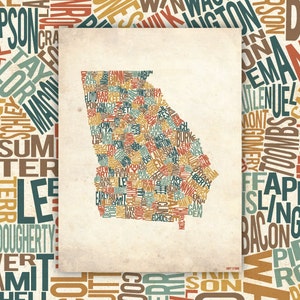 Georgia by County - Typography Print - Etsy