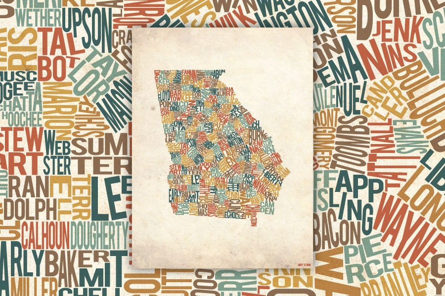 Georgia by County - Typography Print - Etsy