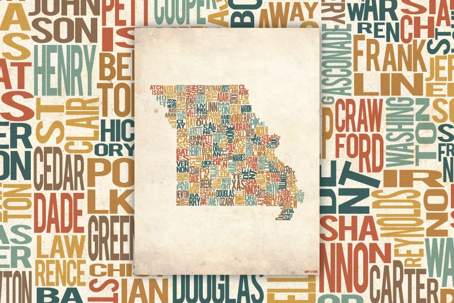 Missouri by County - Typography Print - Etsy