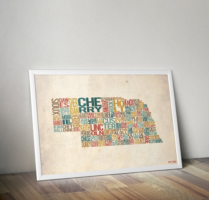 Nebraska by County - Typography Print - Etsy