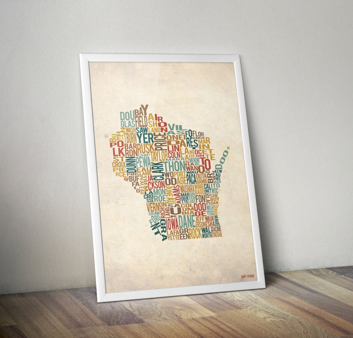 Wisconsin by County Typography Print - Etsy