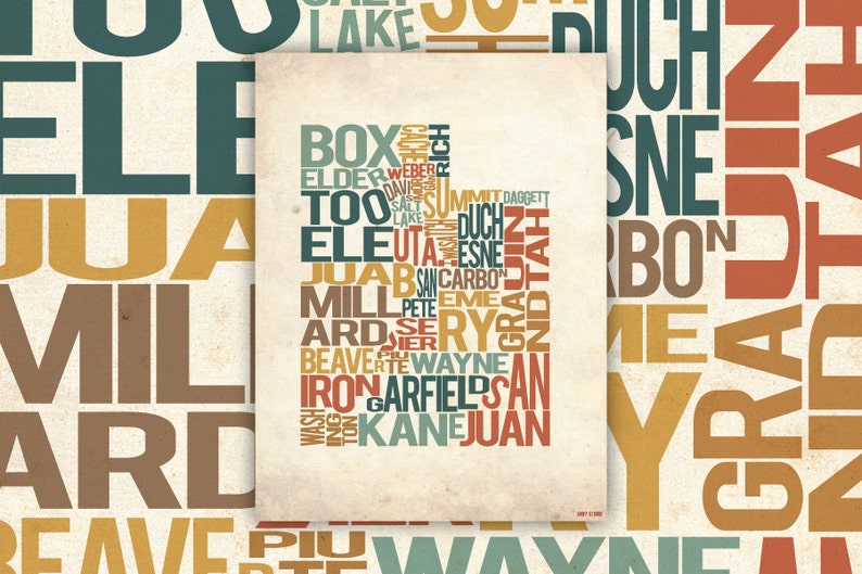 Utah by County - Typography Print - Etsy