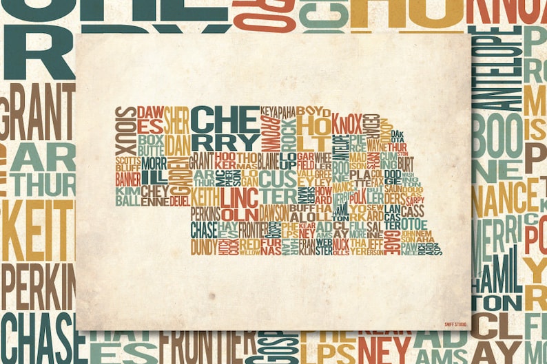 Nebraska by County - Typography Print - Etsy