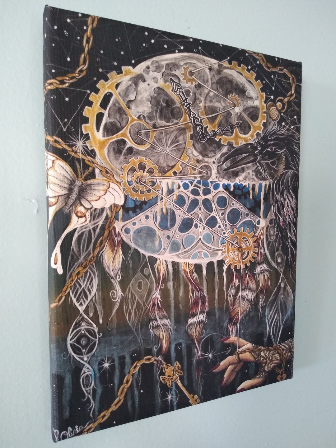 Cosmic Moon Art Canvas: Lunar Moth & Crow Wall Decor (9" X 12") - Etsy