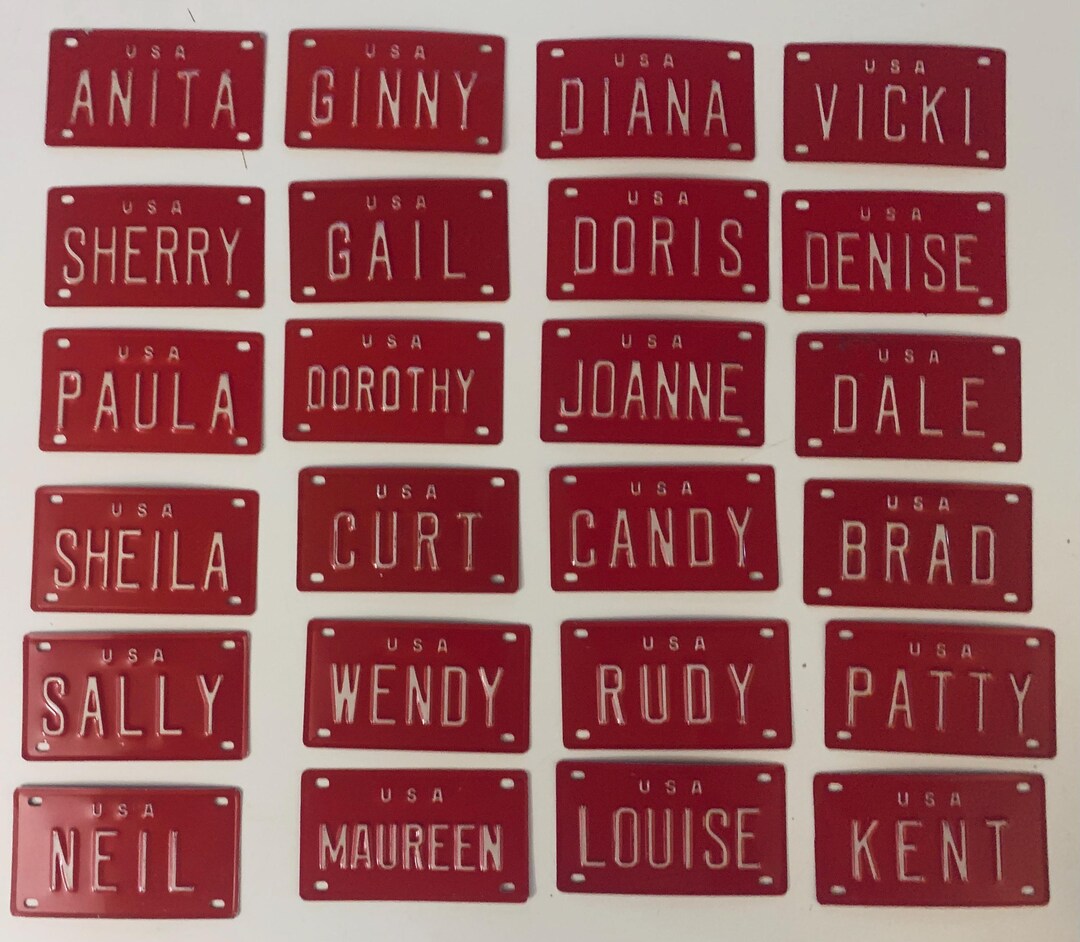 Vintage 70's Bike License Plates Names RED Retro 2 1/4" X 4" USA Kids ...