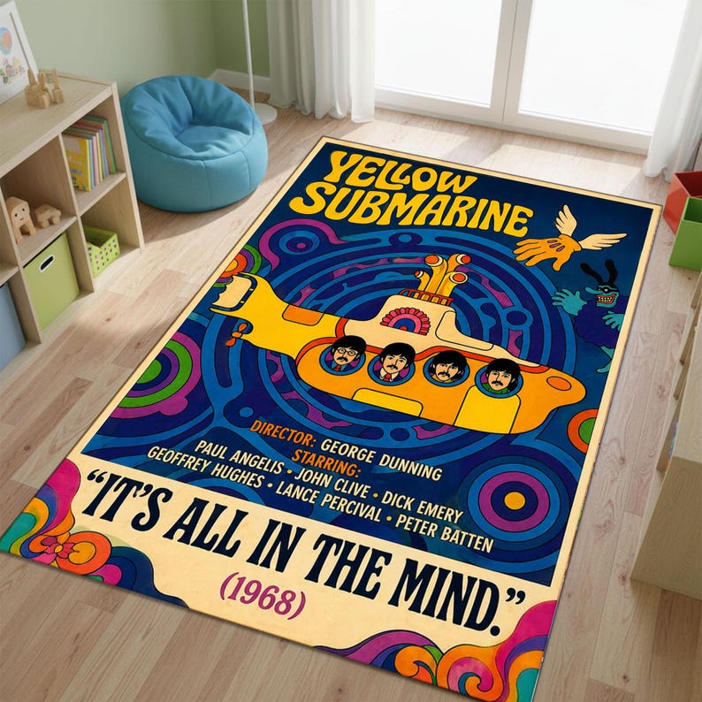 Yellow Submarine Beatles Psychedelic Area Rug, 1960s Retro Music Carpet ...
