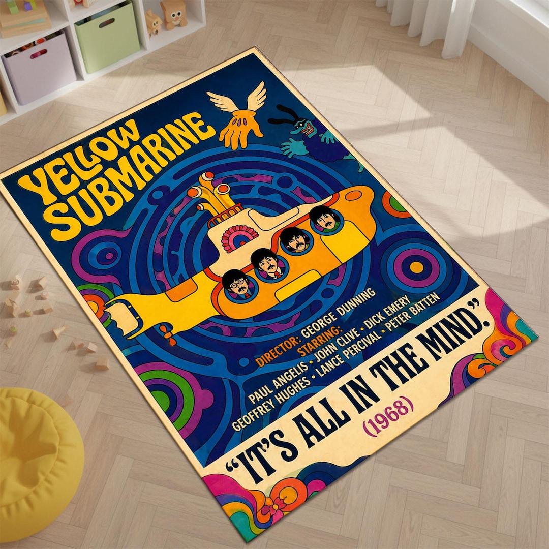 Yellow Submarine Beatles Psychedelic Area Rug, 1960s Retro Music Carpet ...