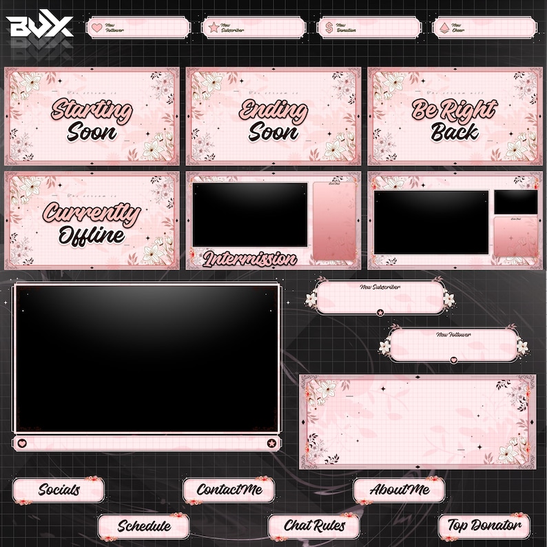 Pink Floral Twitch Overlay Package | Feminine Stream Graphics (digital ...
