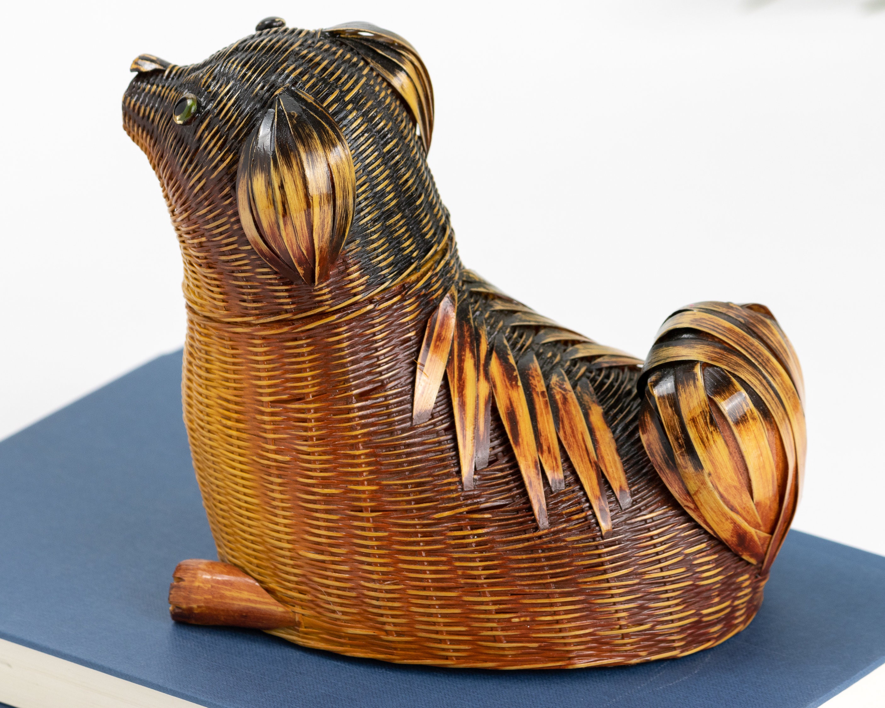 Vintage Wicker & Rattan Dog Sculpture Basket with Lid | Small Hand ...