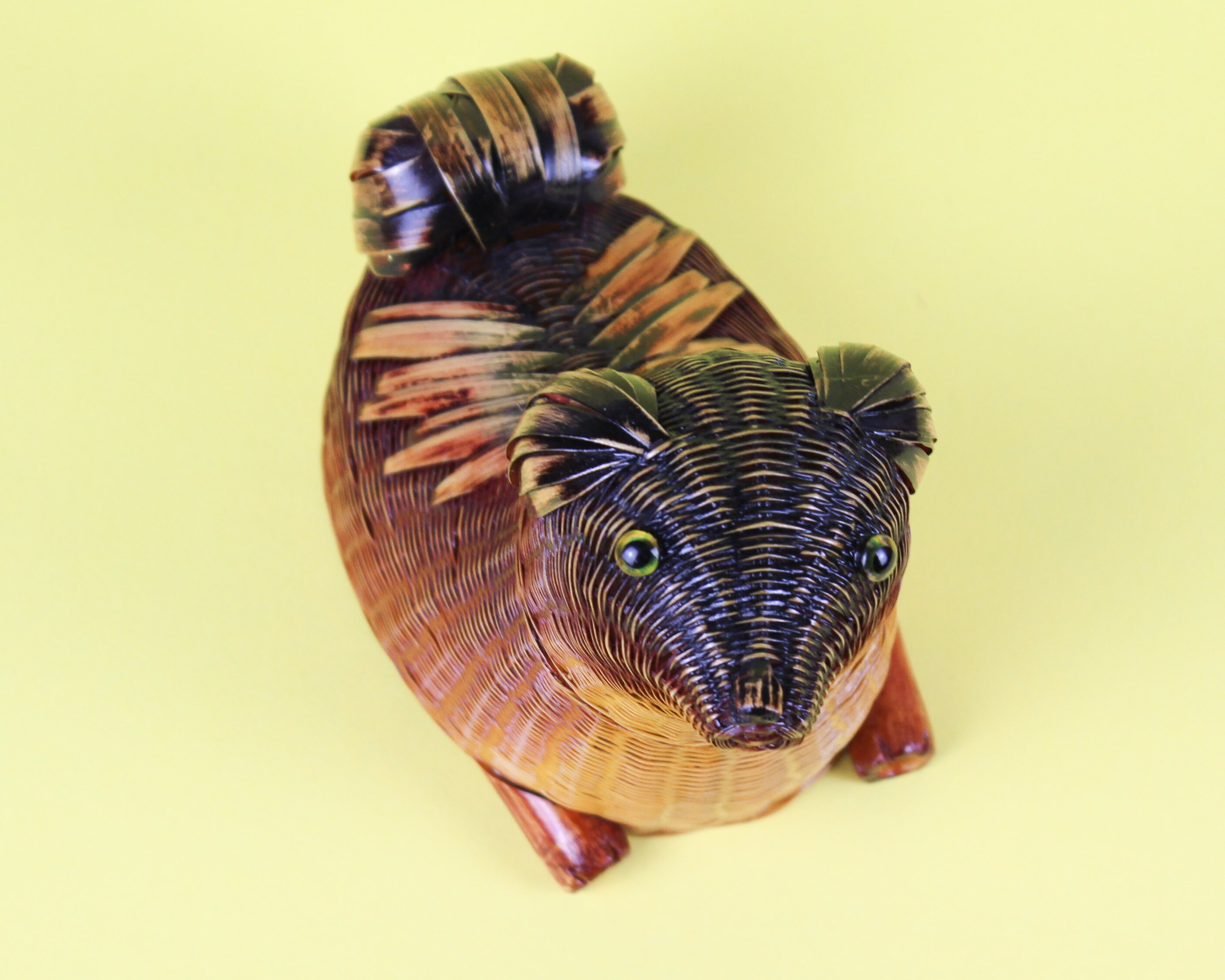 Vintage Wicker & Rattan Dog Sculpture Basket with Lid | Small Hand ...